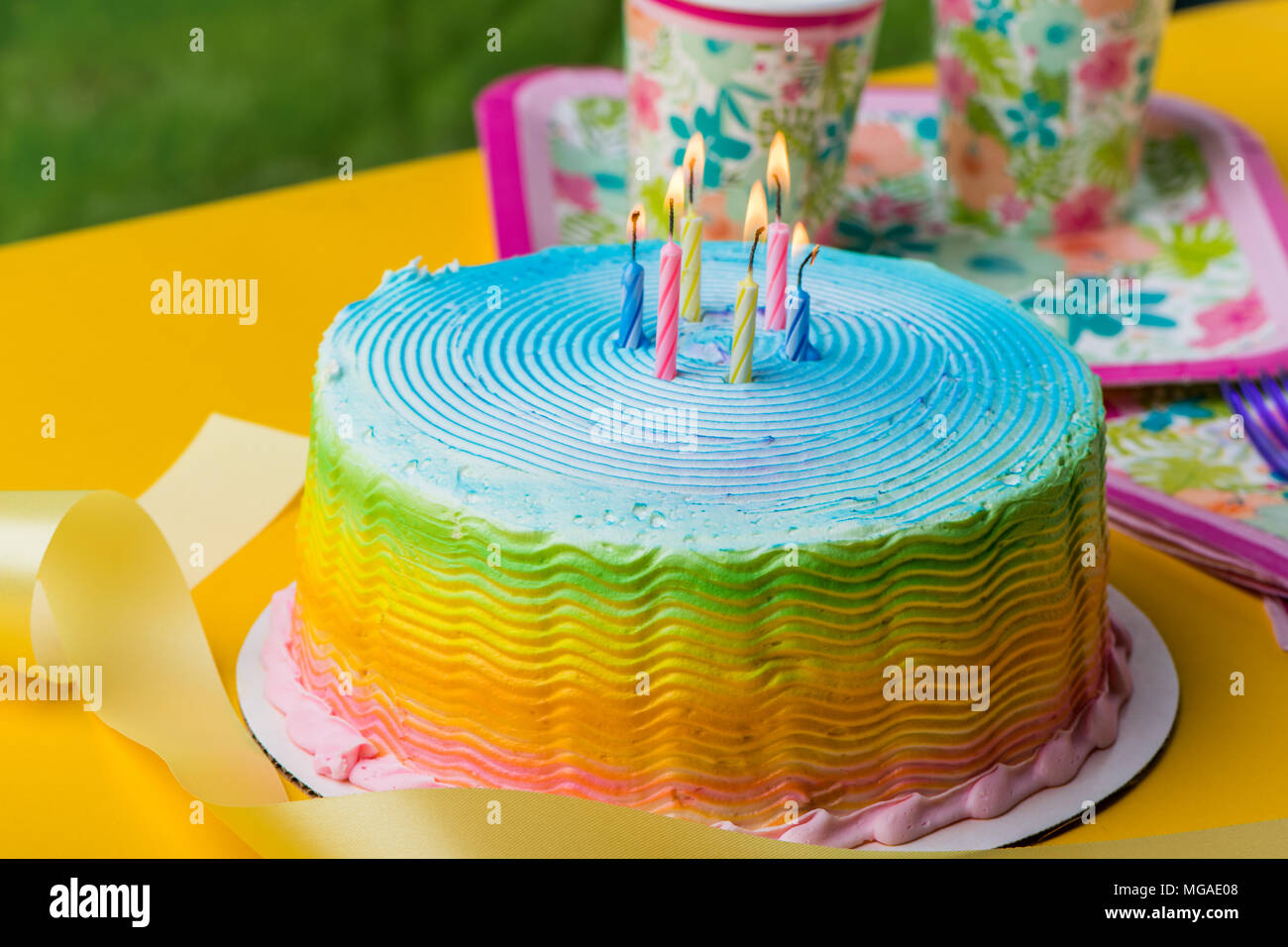 Frosted cake on a picnic table for a party Stock Photo - Alamy