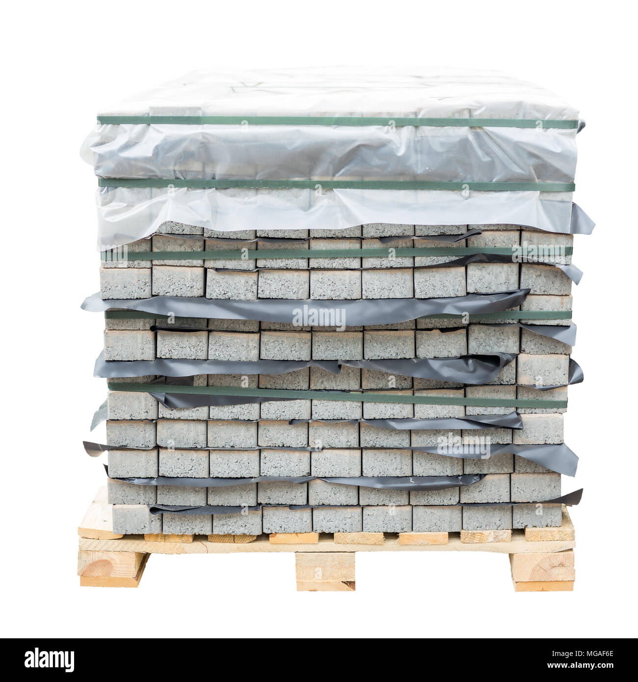 Stack of gray pavement slab on wooden base. Concrete stone paving flag ...