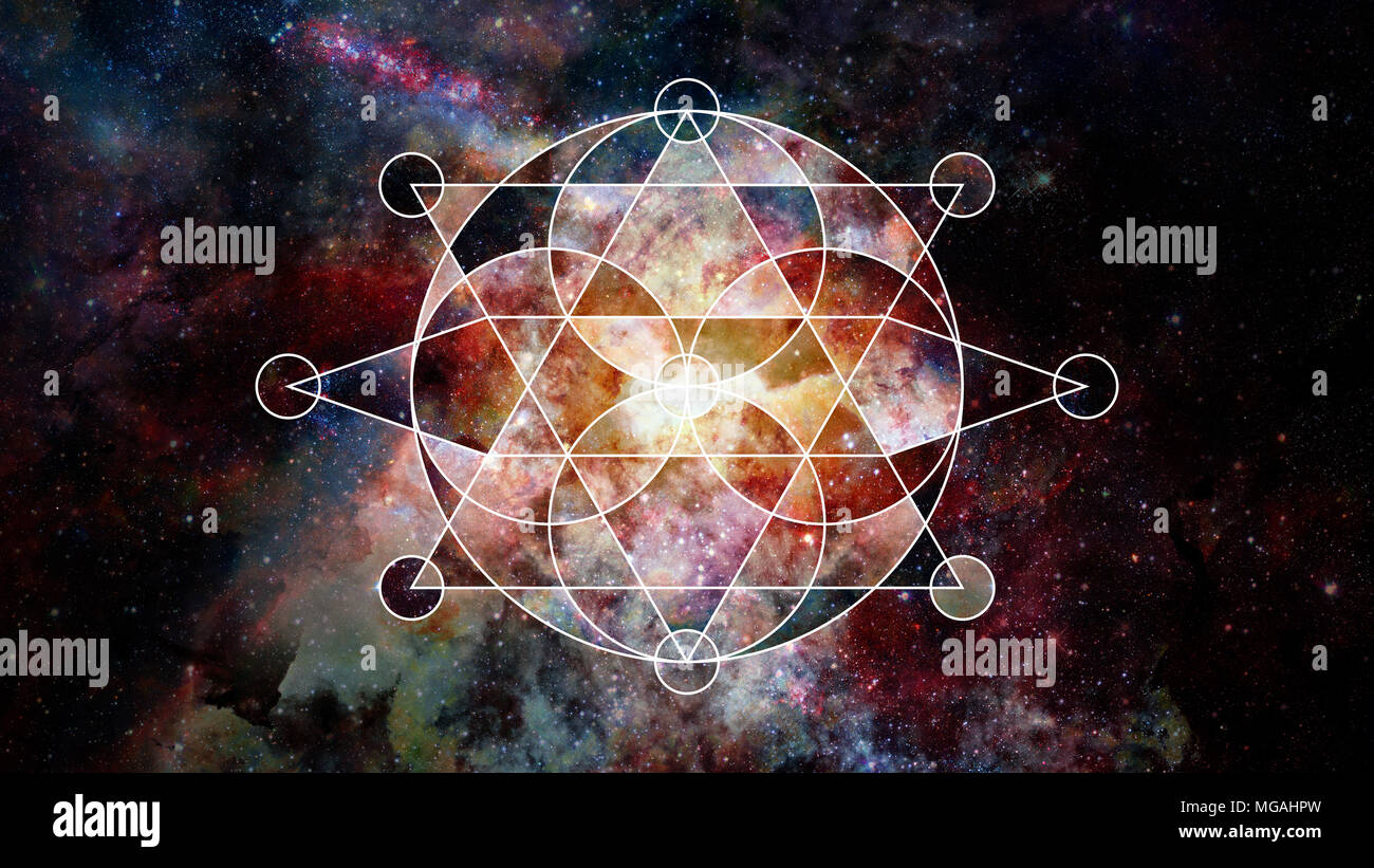 Abstract cosmos geometric background with polygons, triangles, stars ...