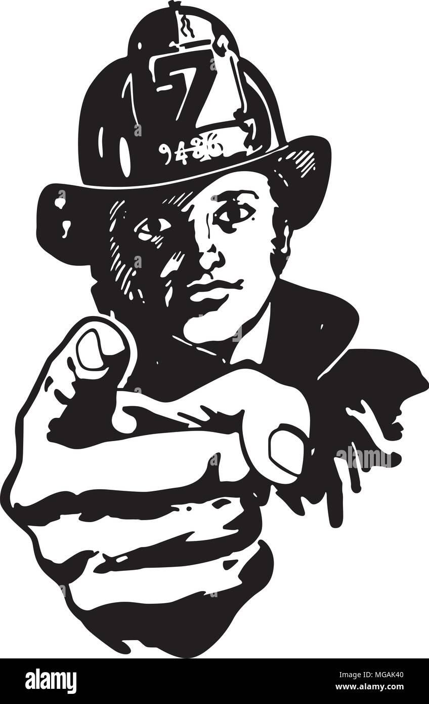 Pointing Fireman - Retro Clipart Illustration Stock Vector Image & Art ...