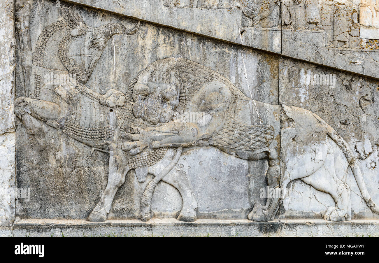 Relief of a lion biting antelope.Persepolis, the ceremonial capital of ...