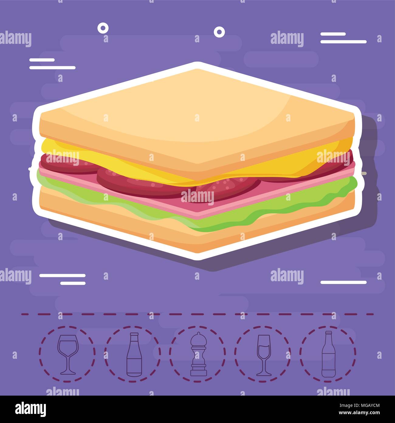 sandwich and picnic food related icons over purple background, colorful ...