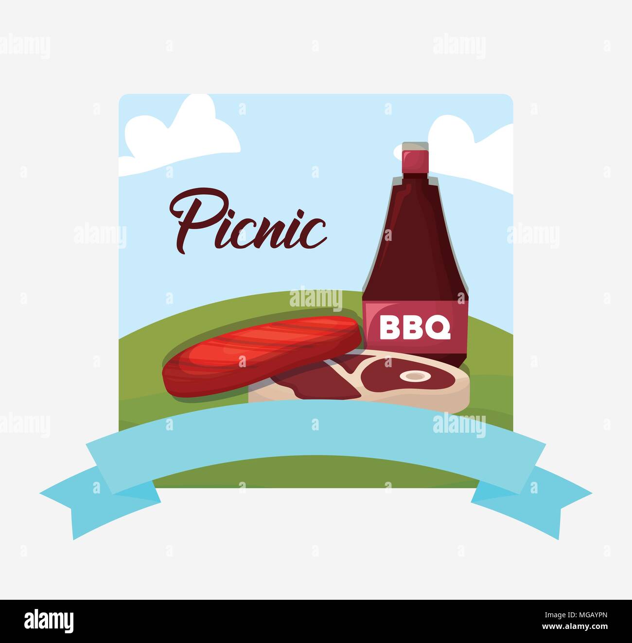 Picnic food emblem with bbq sauce and steaks over landscape and white ...