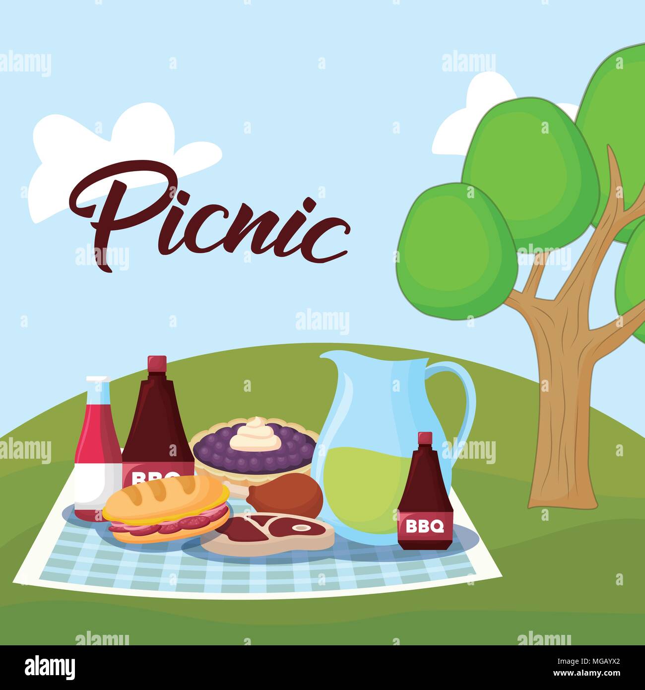 landscape with picnic blanket with food, colorful design. vector ...