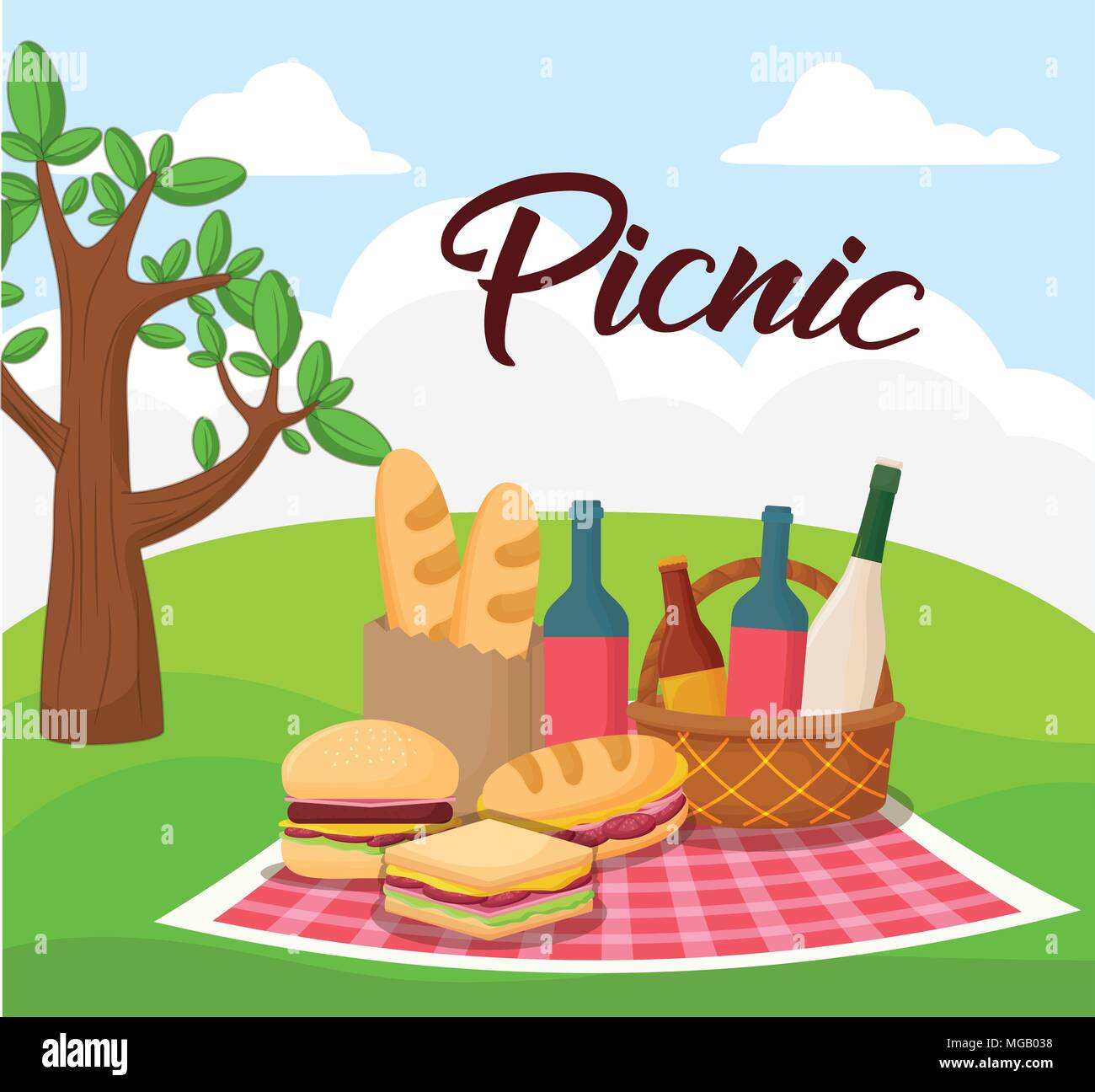 landscape with picnic blanket with food, colorful design. vector ...
