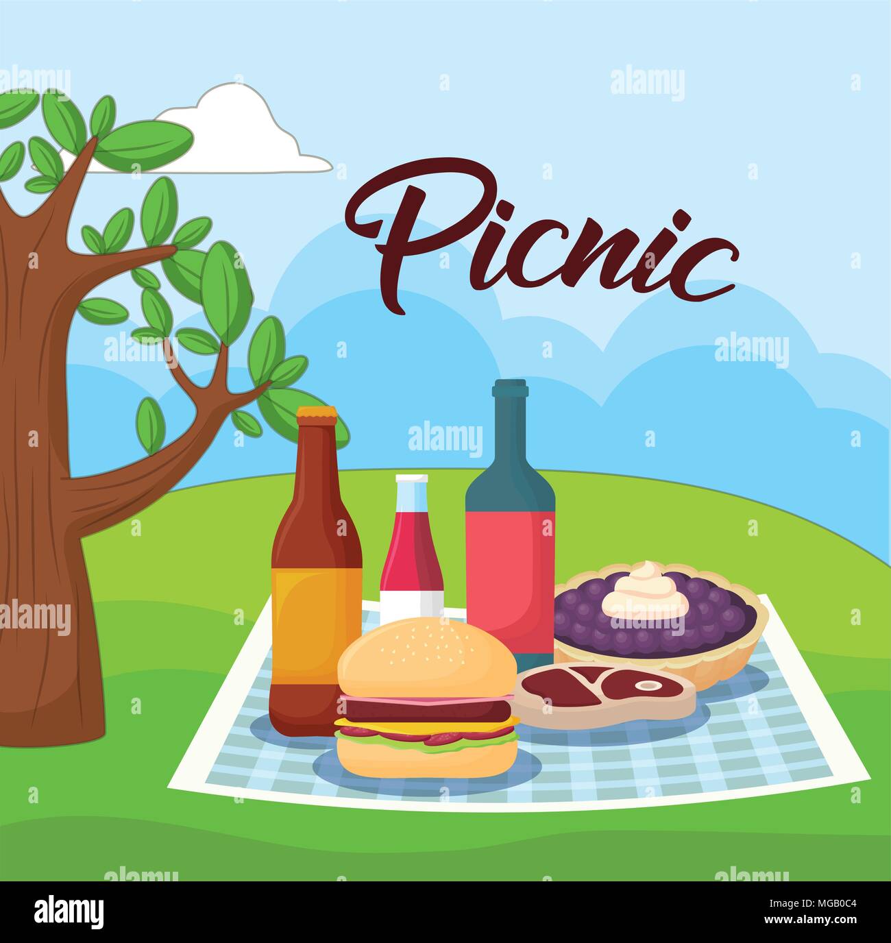 landscape with picnic blanket with food, colorful design. vector ...
