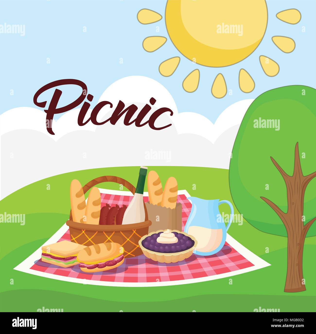 landscape with picnic blanket with food, colorful design. vector ...