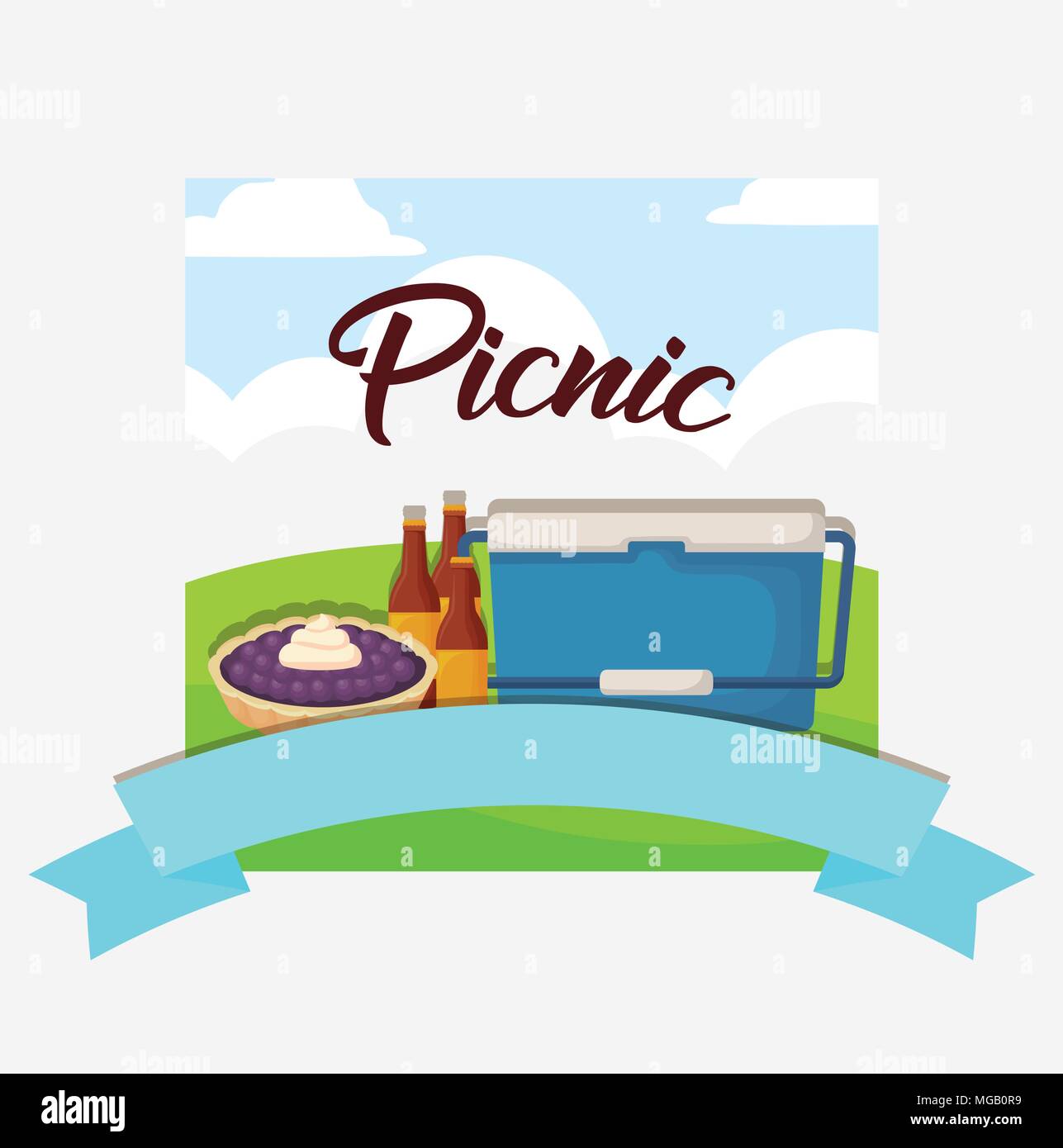 Picnic food emblem with food over landscape and white background ...