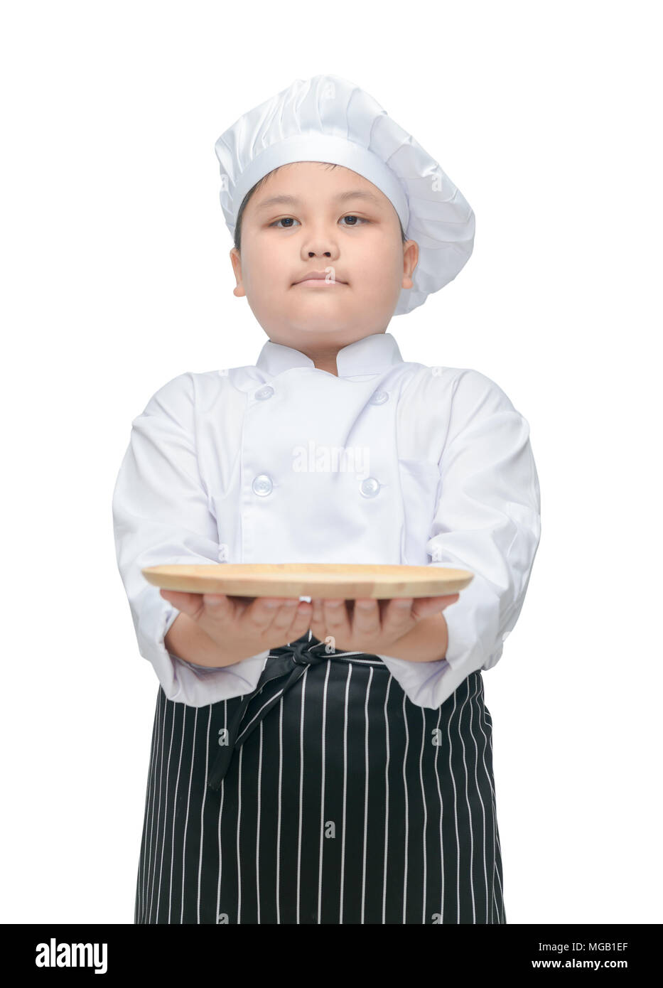 fat chef holding empty wood dish isolated on white background ...