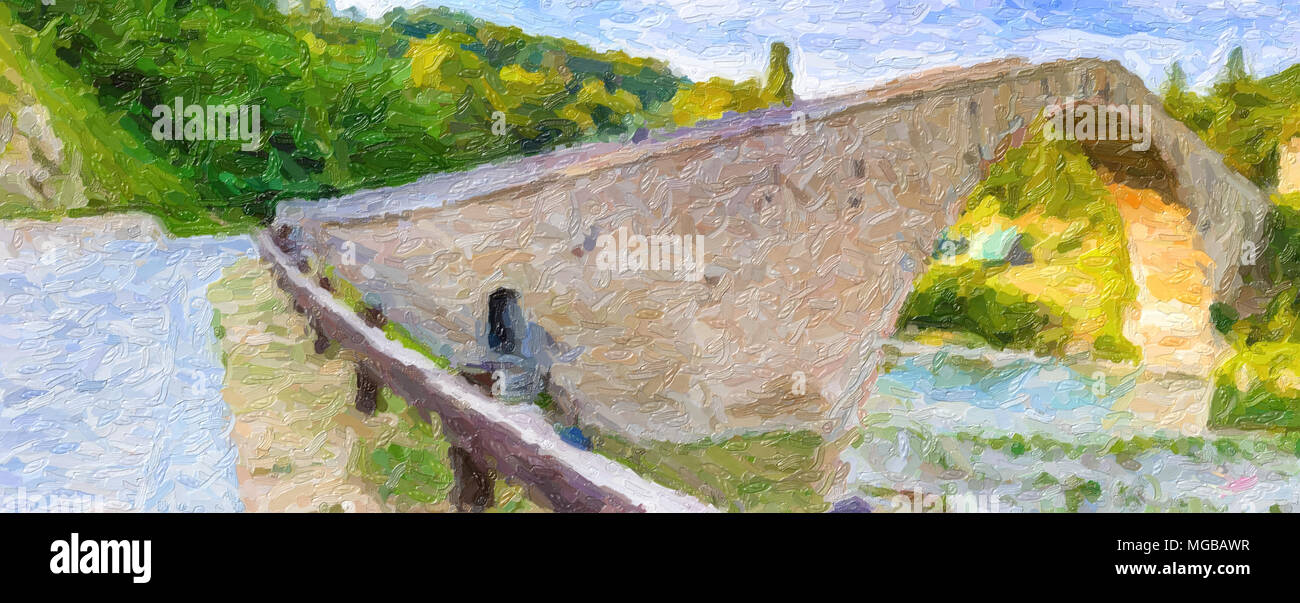 illustration of 500 years old hog backed Renaissance bridge connecting ...