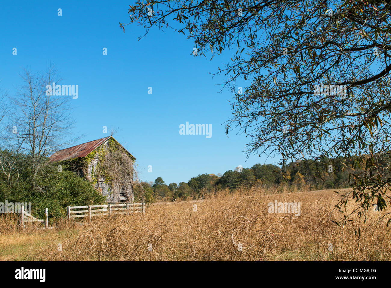 An abandoned, rundown farmhouse sits in a North Georgia field Stock ...