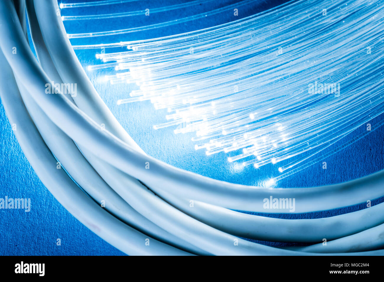 Network cables and optical fibers with lights in the ends at the ...