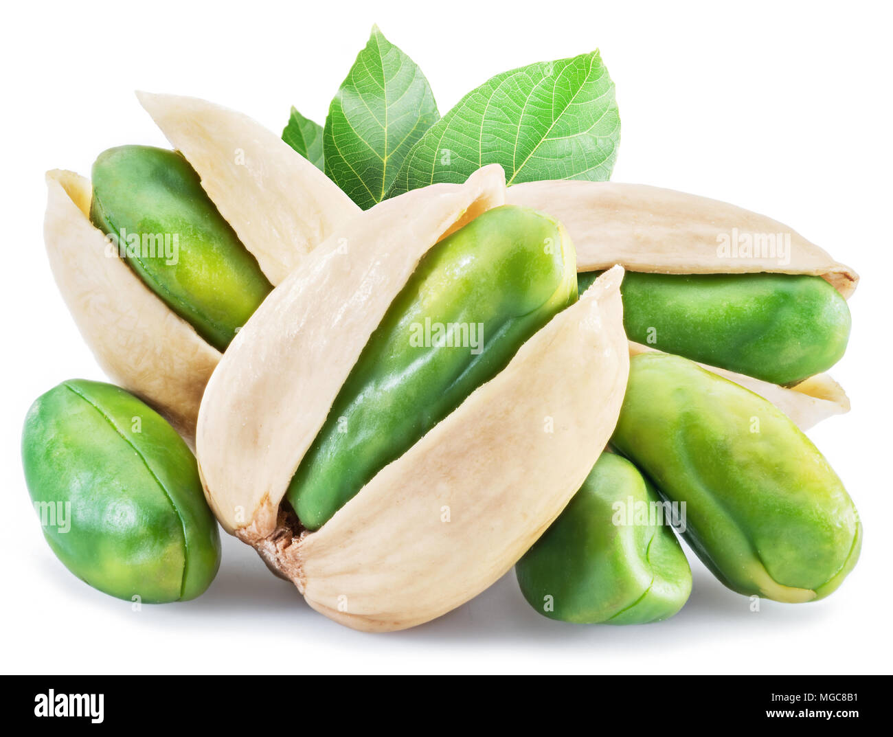 Green pistachio nuts with pistachio shell on white background Stock ...