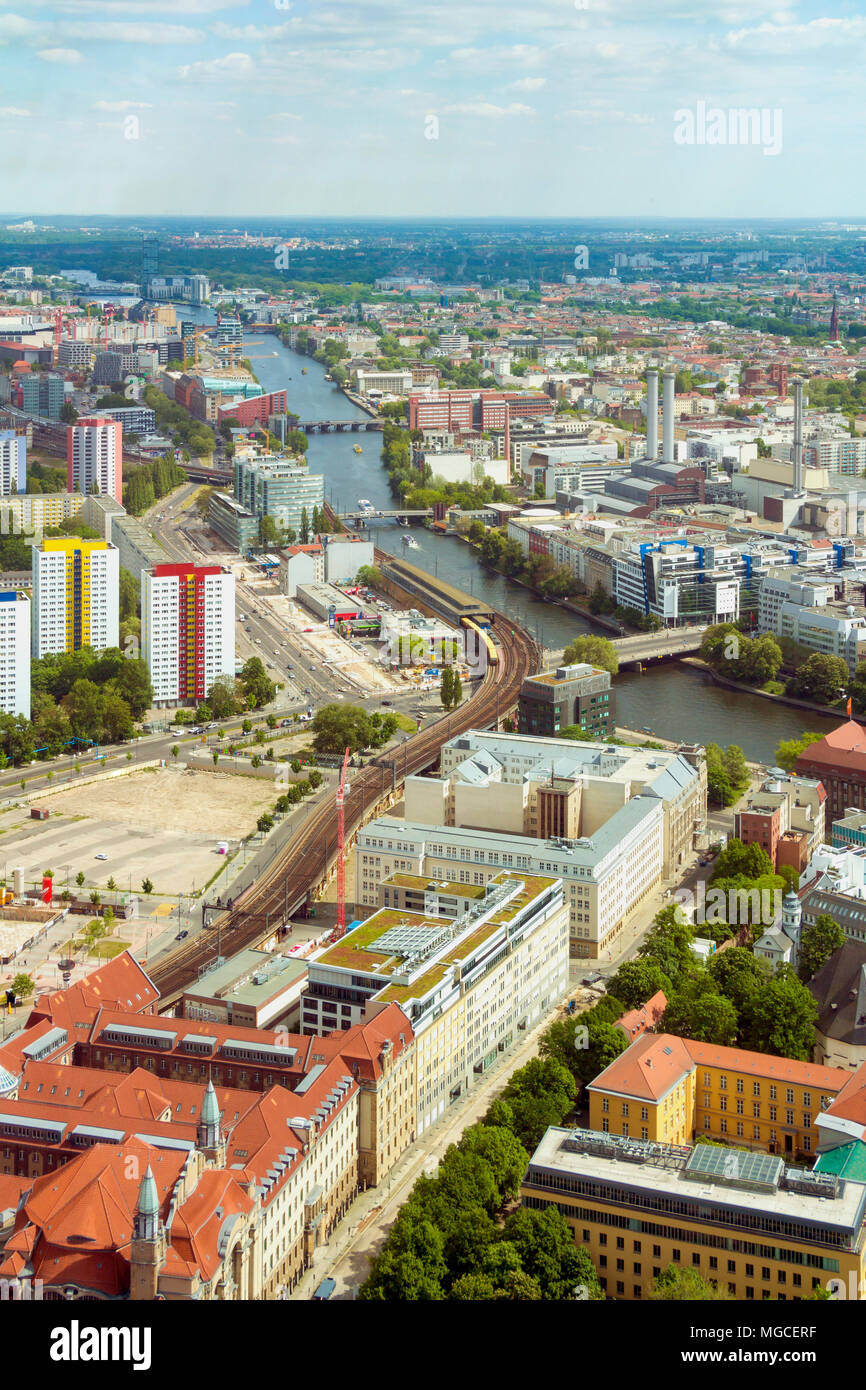 Aerial view of Berlin skyline with S-Bahn tracks rapid train and ...
