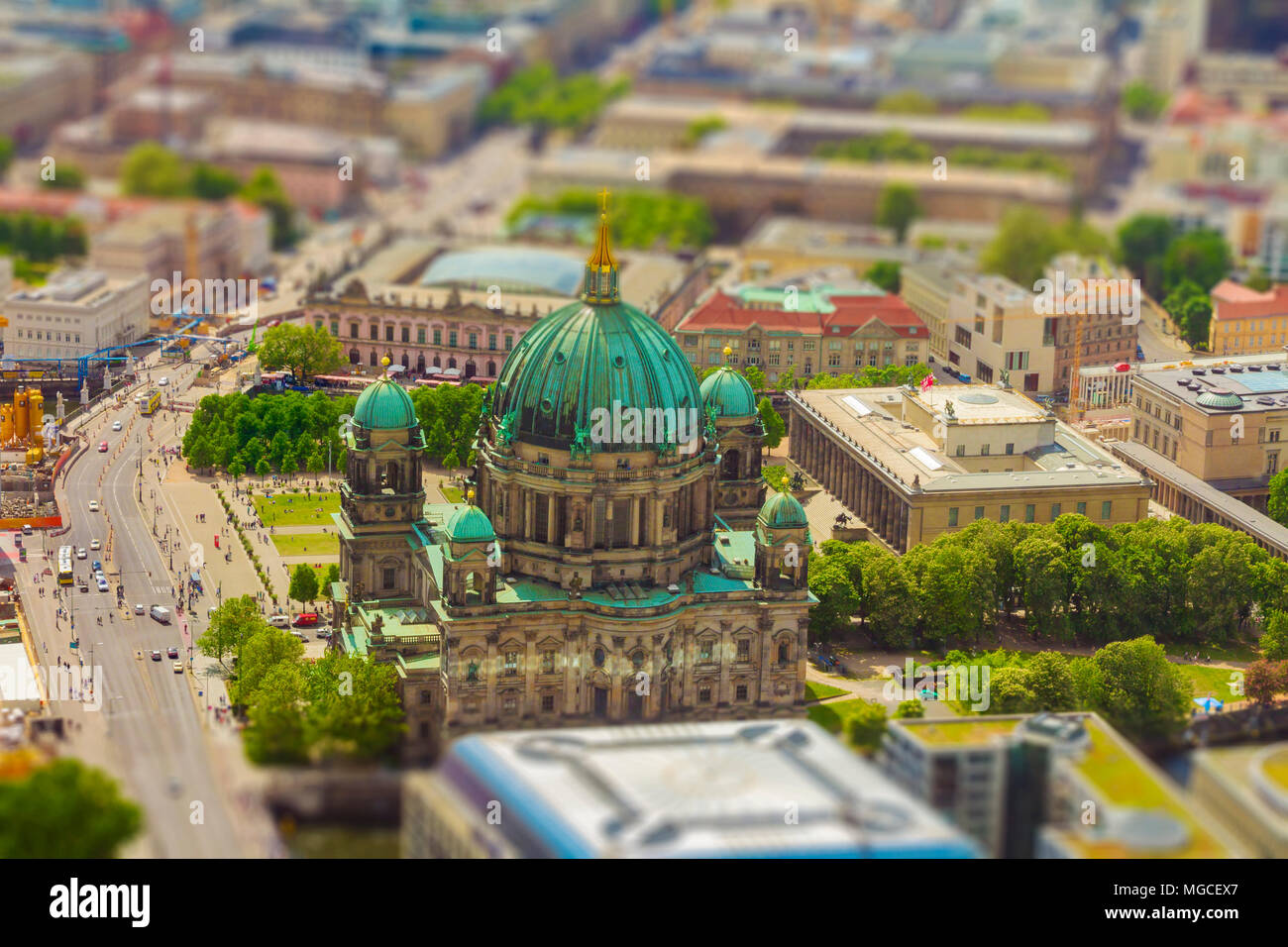 Aerial view of the Museum Island in Berlin. with tilt-shift effect ...
