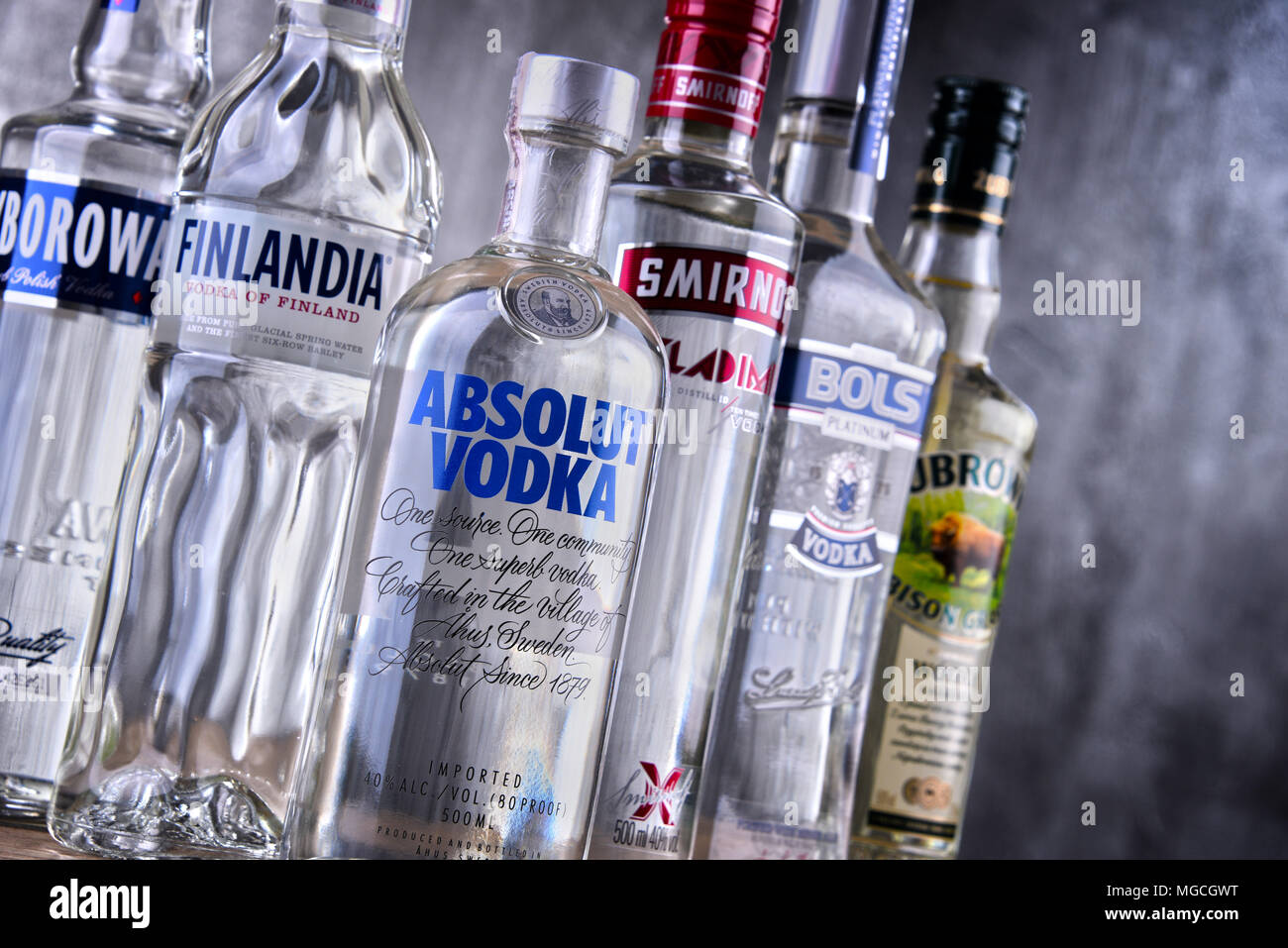 POZNAN, POLAND - MAR 30, 2018: Bottles of several global brands of ...