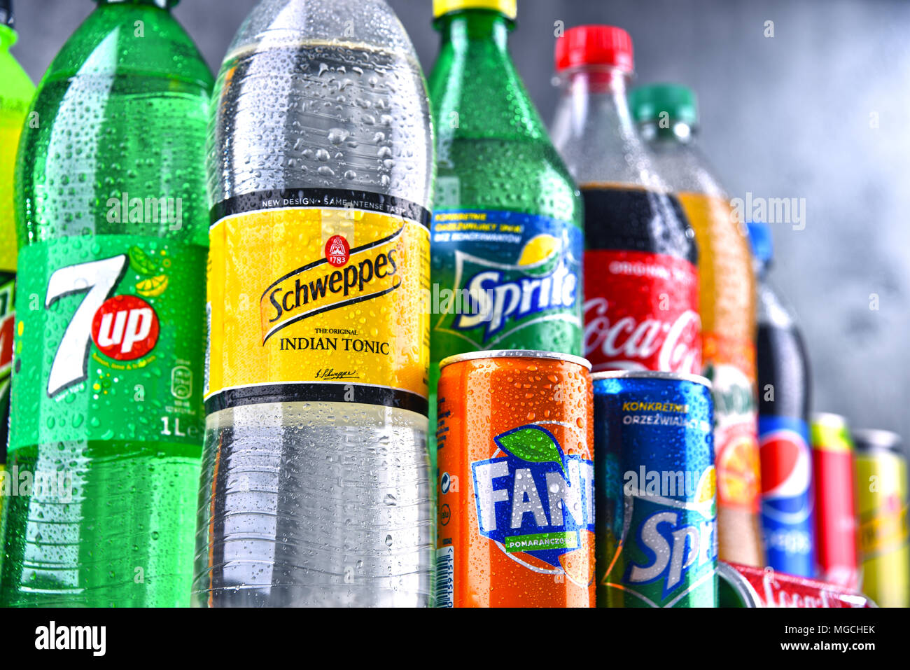 POZNAN, POLAND - APR 6, 2018: Bottles of global soft drink brands ...