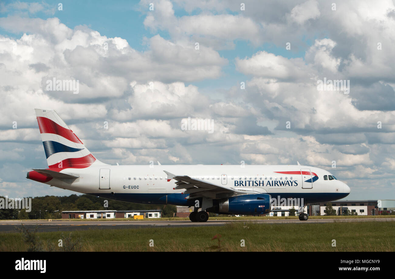 A British Airways plane ready for take off on the runway at Leeds ...