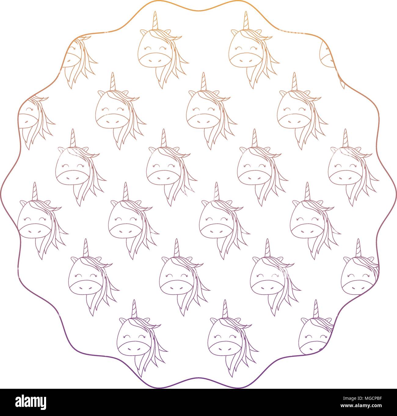 decorative circular frame with cute unicorns over white background ...