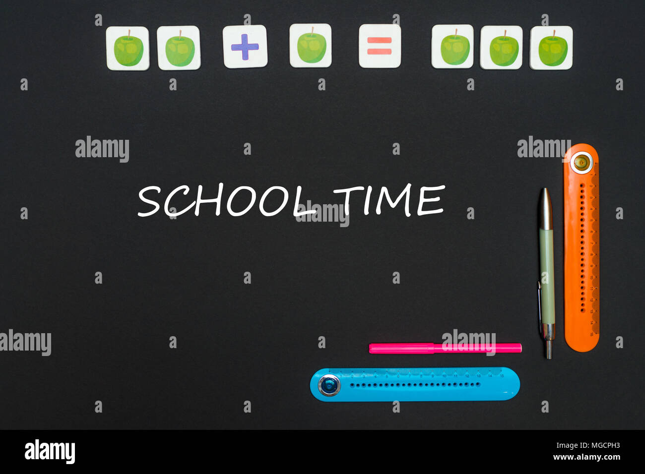 Concept school, black art table with stationery supplies with text ...