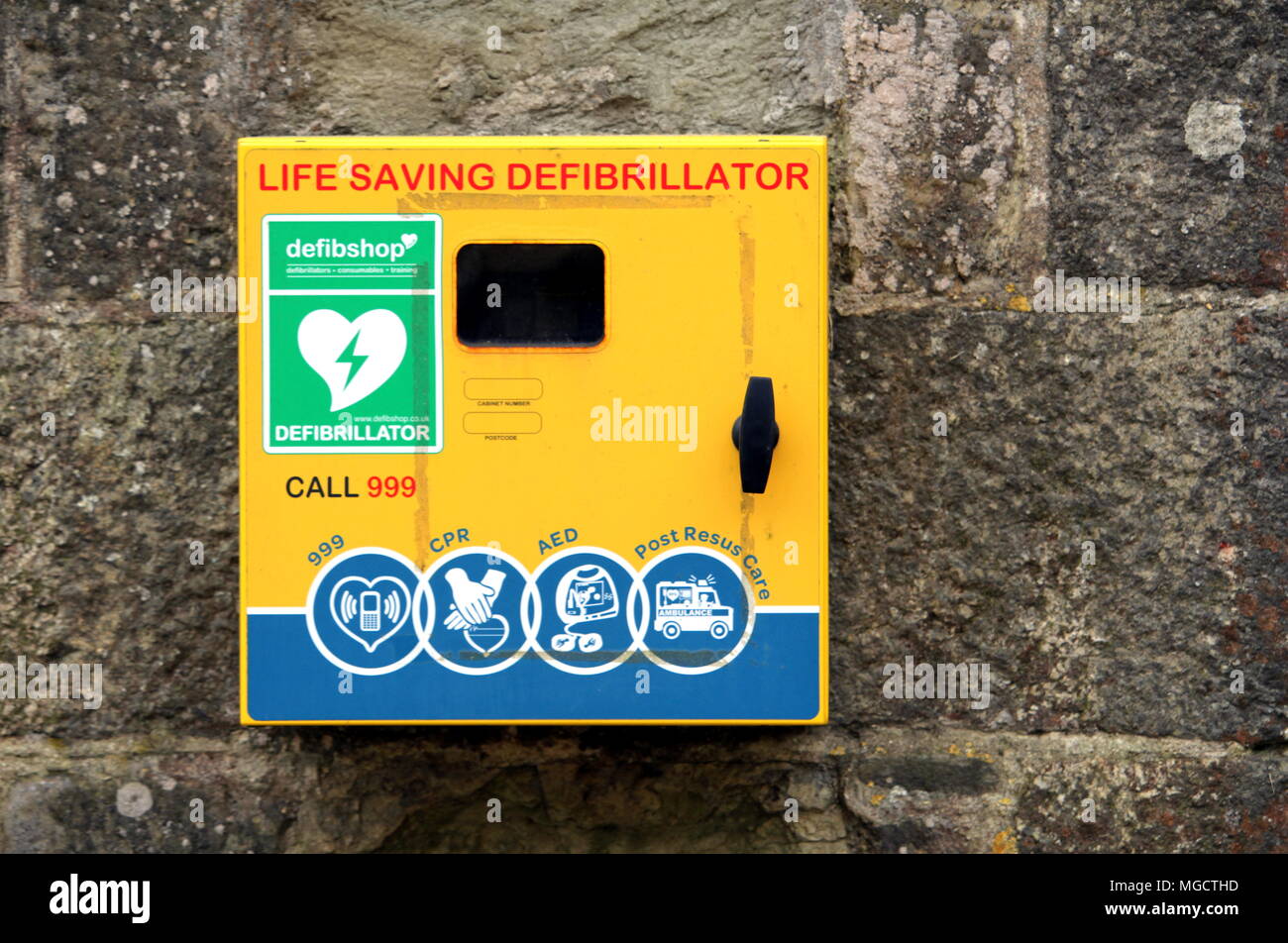 Falmouth, Cornwall, UK - April 12 2018: A Life Saving Defibrillator for ...