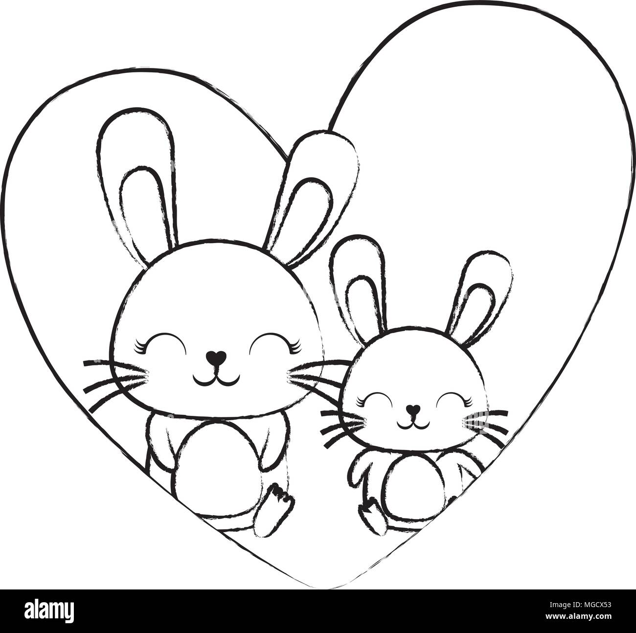 sketch of heart with cute rabbits over white background, vector ...