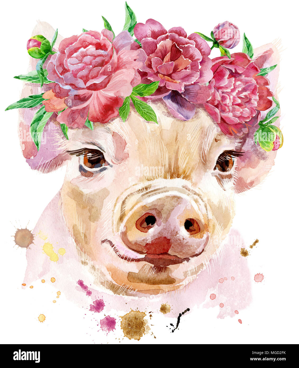 A beautiful pig in a wreath of peonies. Flowers. Watercolor ...