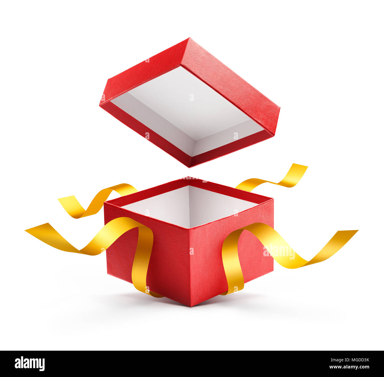 Red open gift box with gold ribbon isolated on white background Stock ...