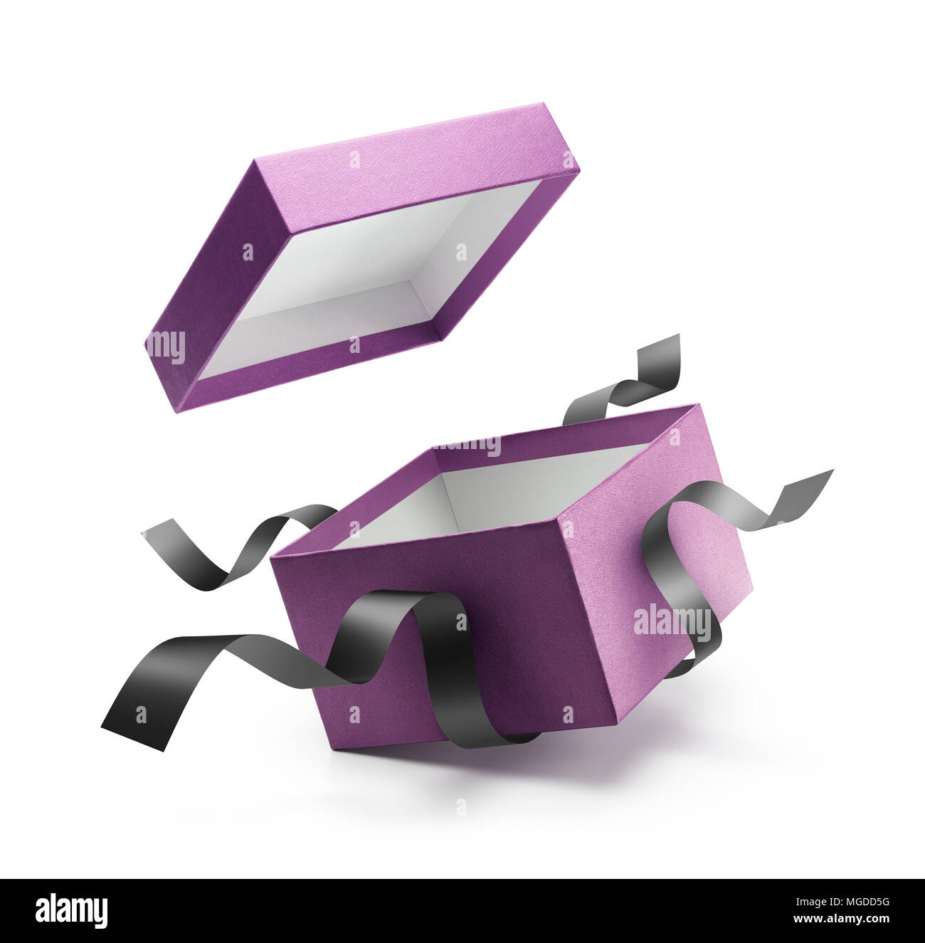 Purple open gift box with ribbon isolated on white background Stock ...