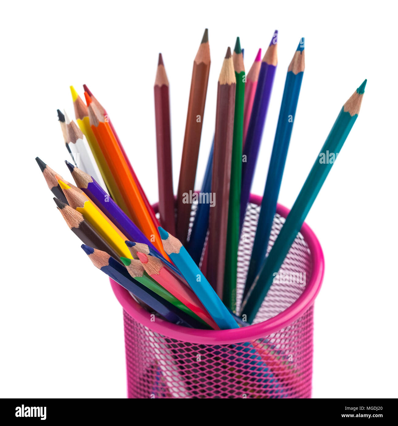 color pencils in the red metal grid container isolated on white with ...