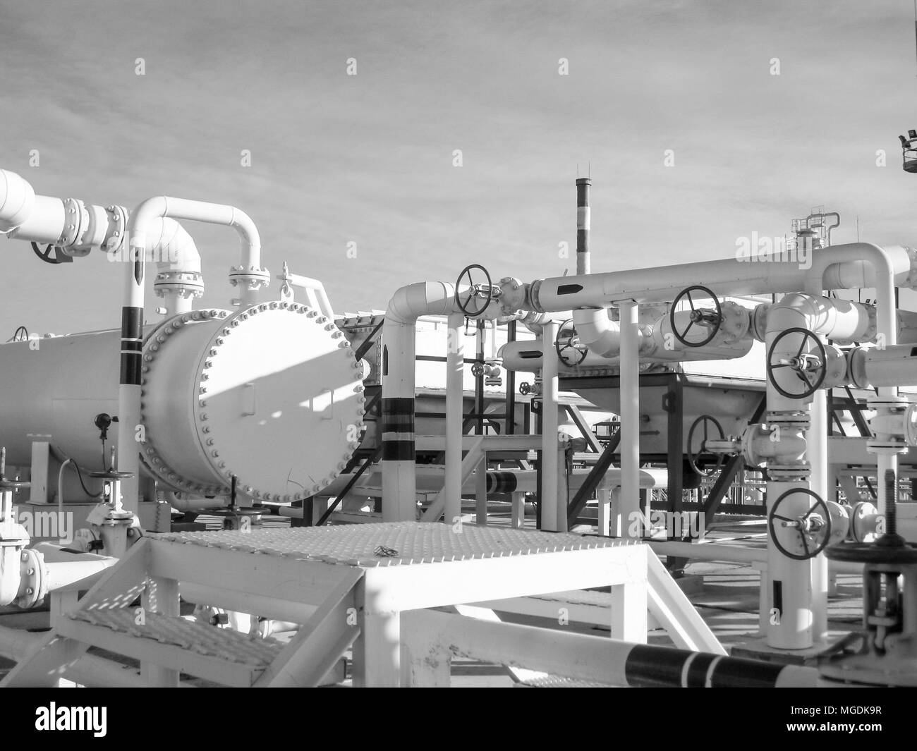 Heat exchangers in a refinery. The equipment for oil refining Stock ...