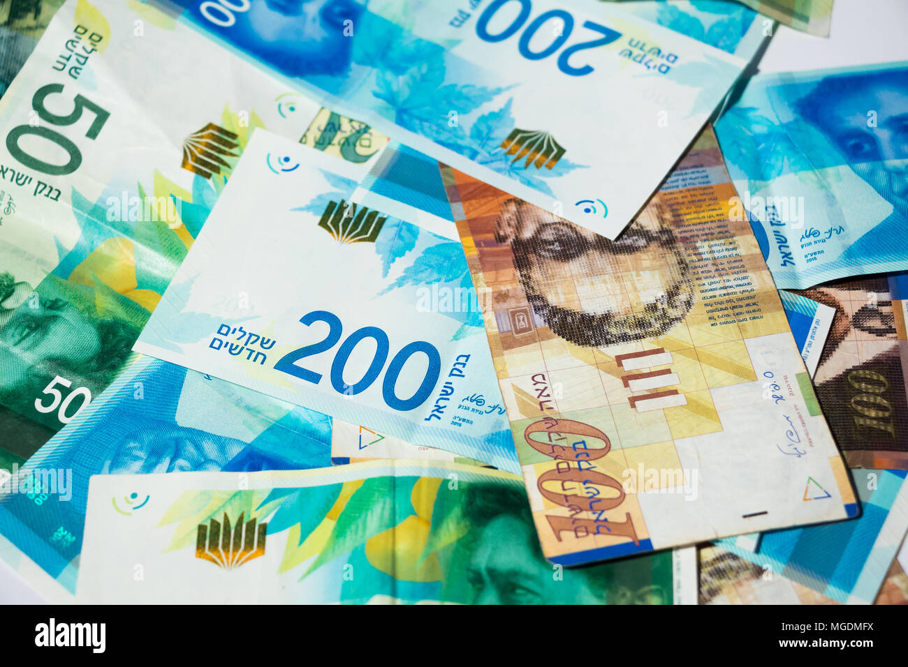 Stack of various of israeli shekel money bills - Top View Stock Photo ...