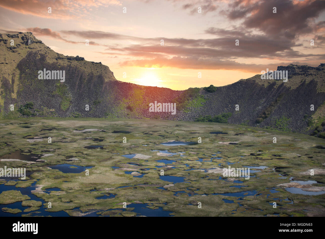 Rano Kau volcano, Easter island (Chile). sunset Stock Photo - Alamy