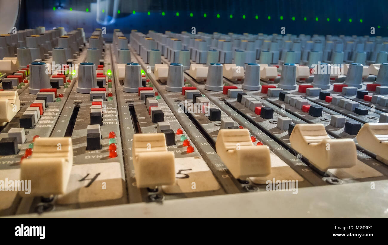 Professional audio mixing console with faders in recording studio Stock ...