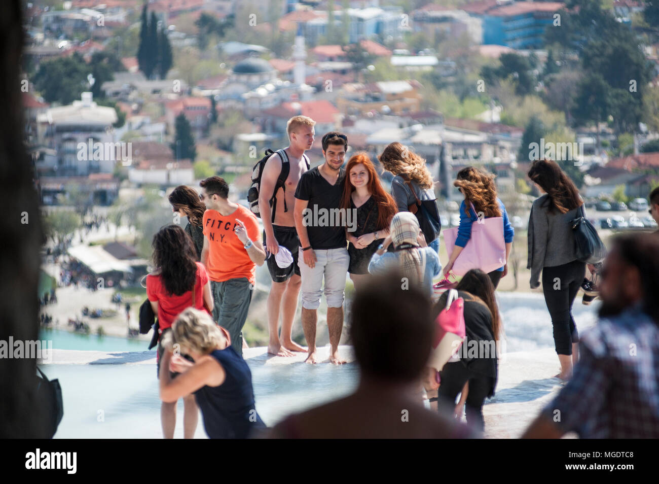 PAMUKKALE, TURKEY - APRIL 12, 2015: Turquoise water travertine pool ...