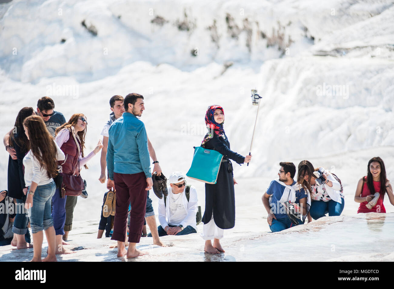 PAMUKKALE, TURKEY - APRIL 12, 2015: Turquoise water travertine pool ...