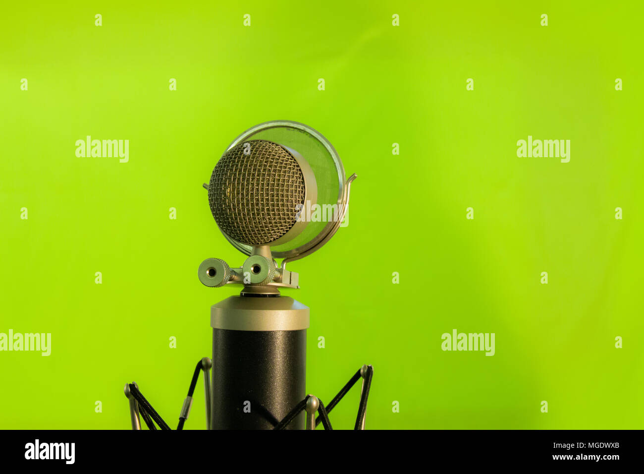 Vocal condenser microphone with wind screen isolated on green ...