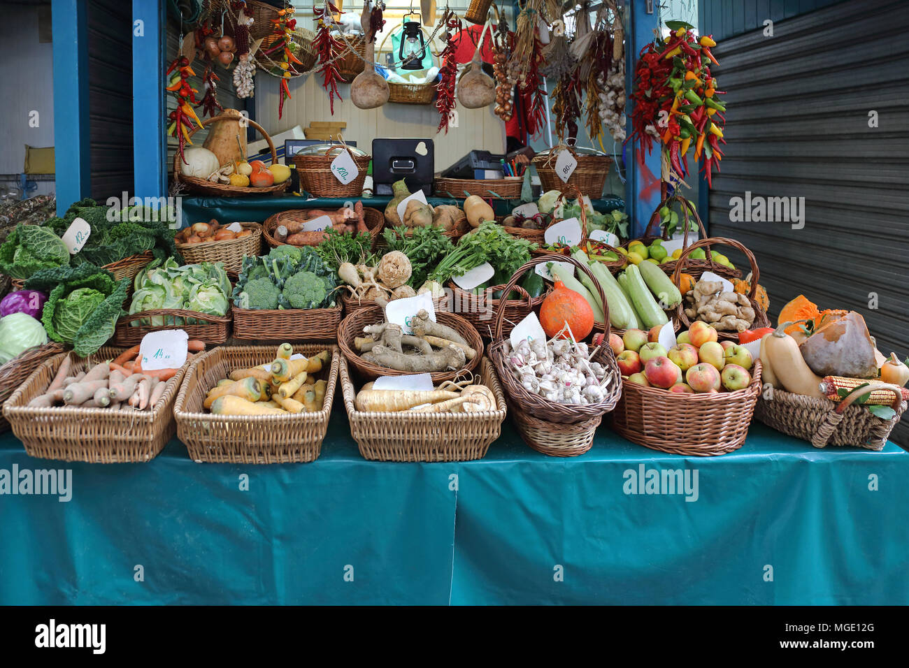 Vegetables Produce in Baskets at Local Market Stall Stock Photo - Alamy