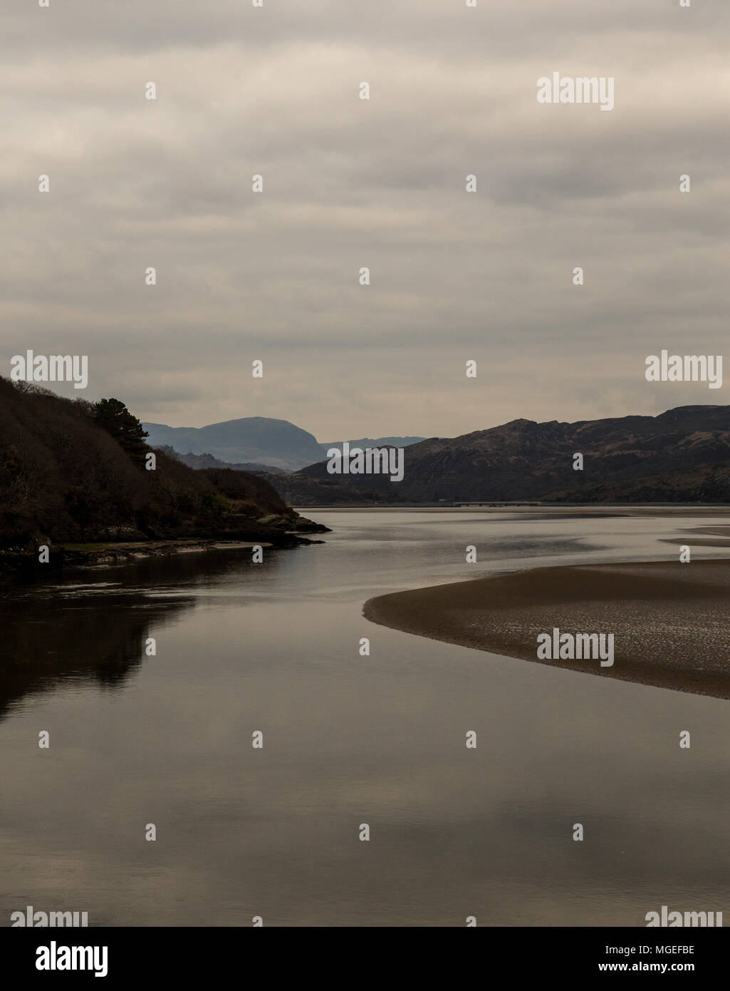Beautiful estuary scenes from the North of Wales. Sunlight, hills ...