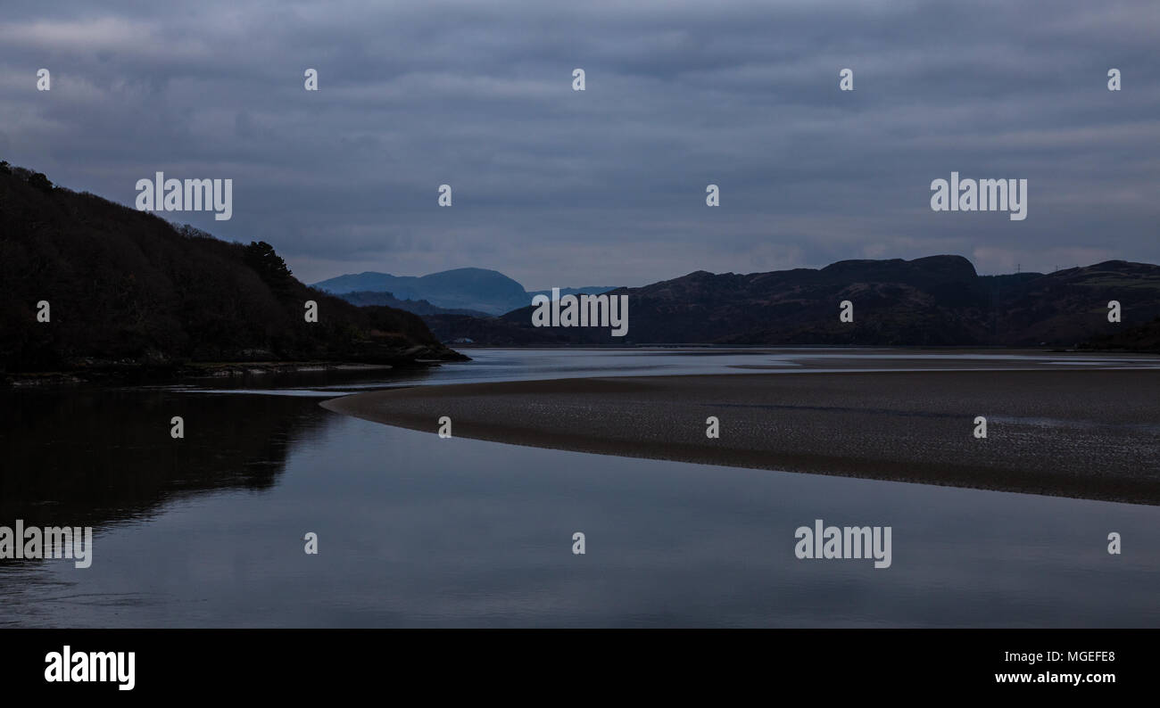 Beautiful estuary scenes from the North of Wales. Sunlight, hills ...