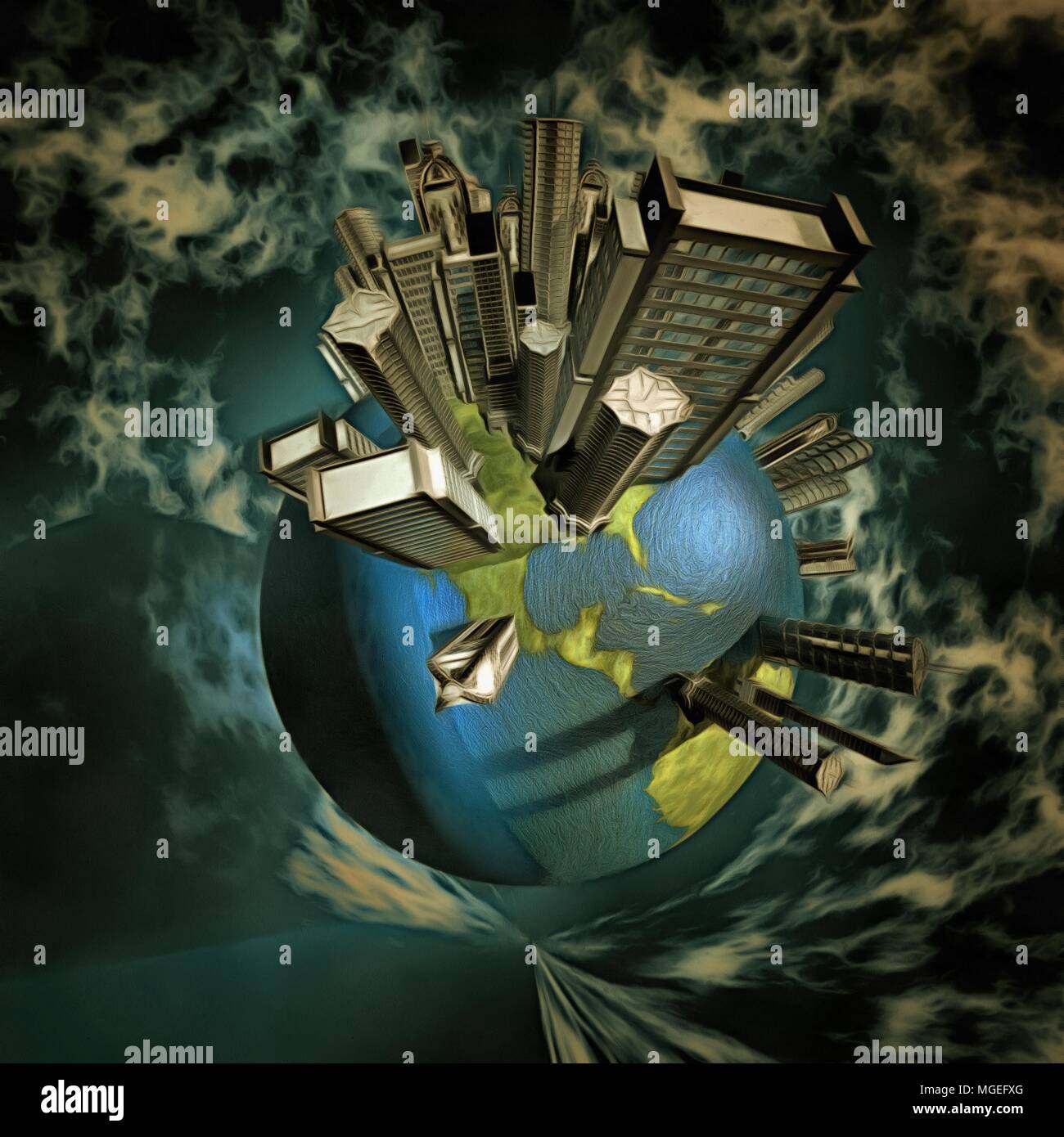 Surreal painting. Planet Earth with skyscrapers Stock Photo - Alamy