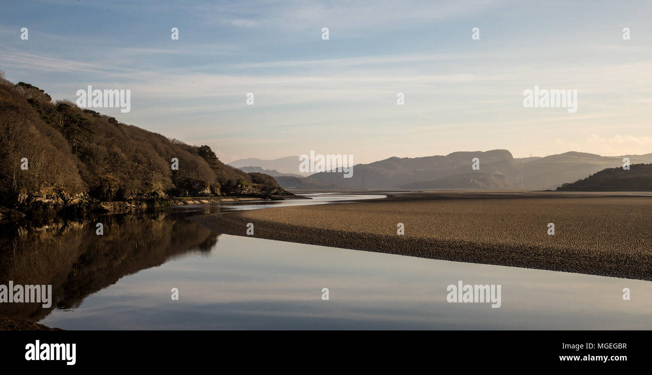 Beautiful estuary scenes from the North of Wales. Sunlight, hills ...