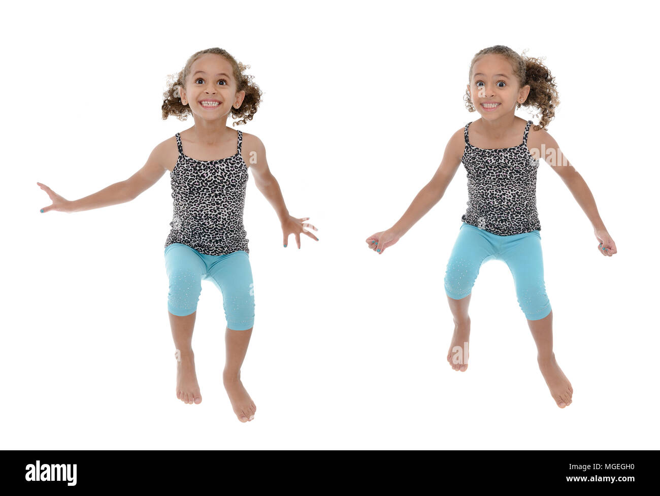 Multiple Poses of Happy Girl Jumping Isolated on White Stock Photo - Alamy