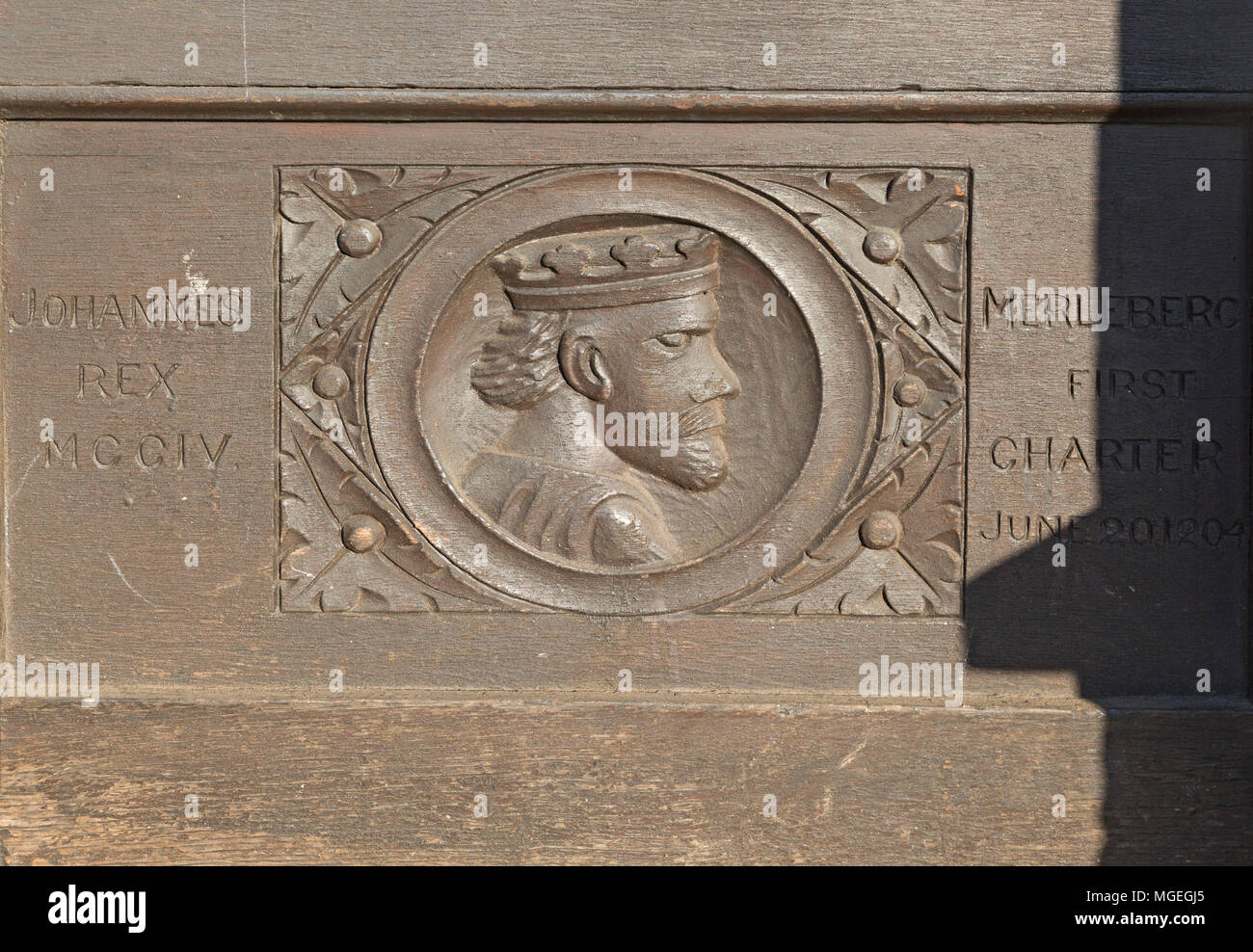 Historic carved head of King John wooden panel in Marlborough ...