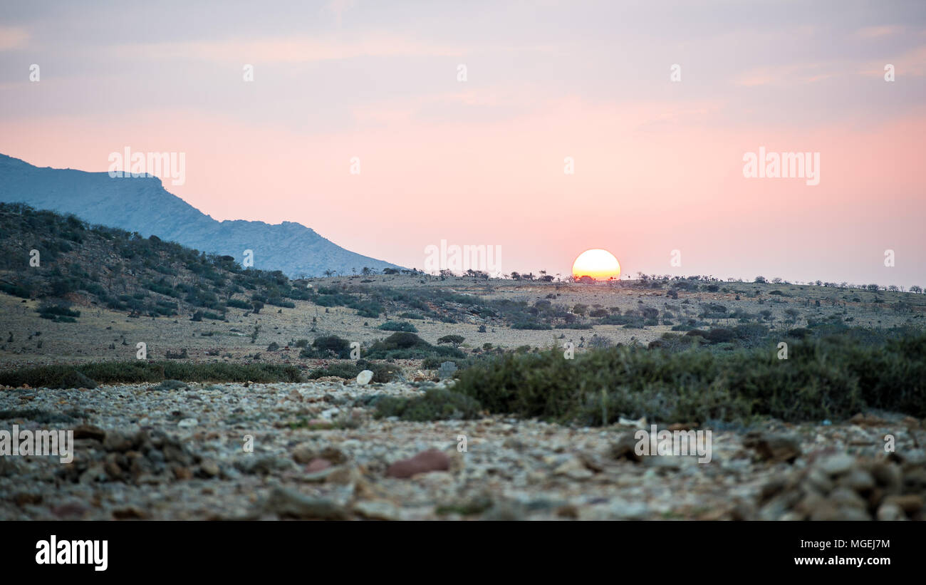 Sun set and the beautiful landscape of the Socotra Island, Yemen Stock ...