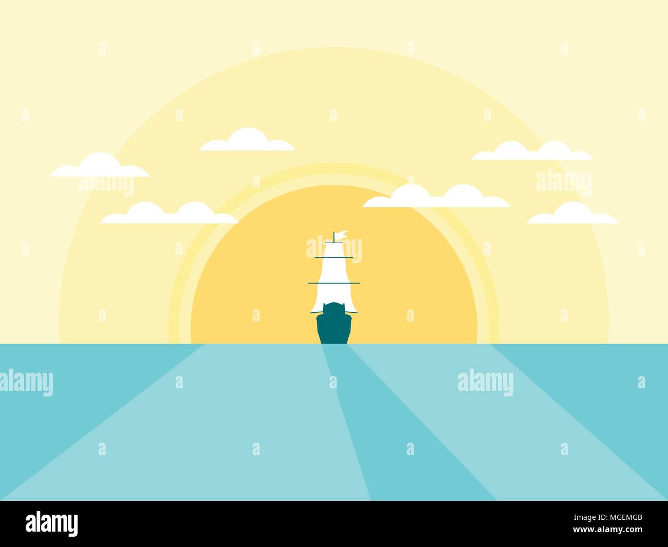 Sailing ship in the background of the sun in a flat style with a shadow ...