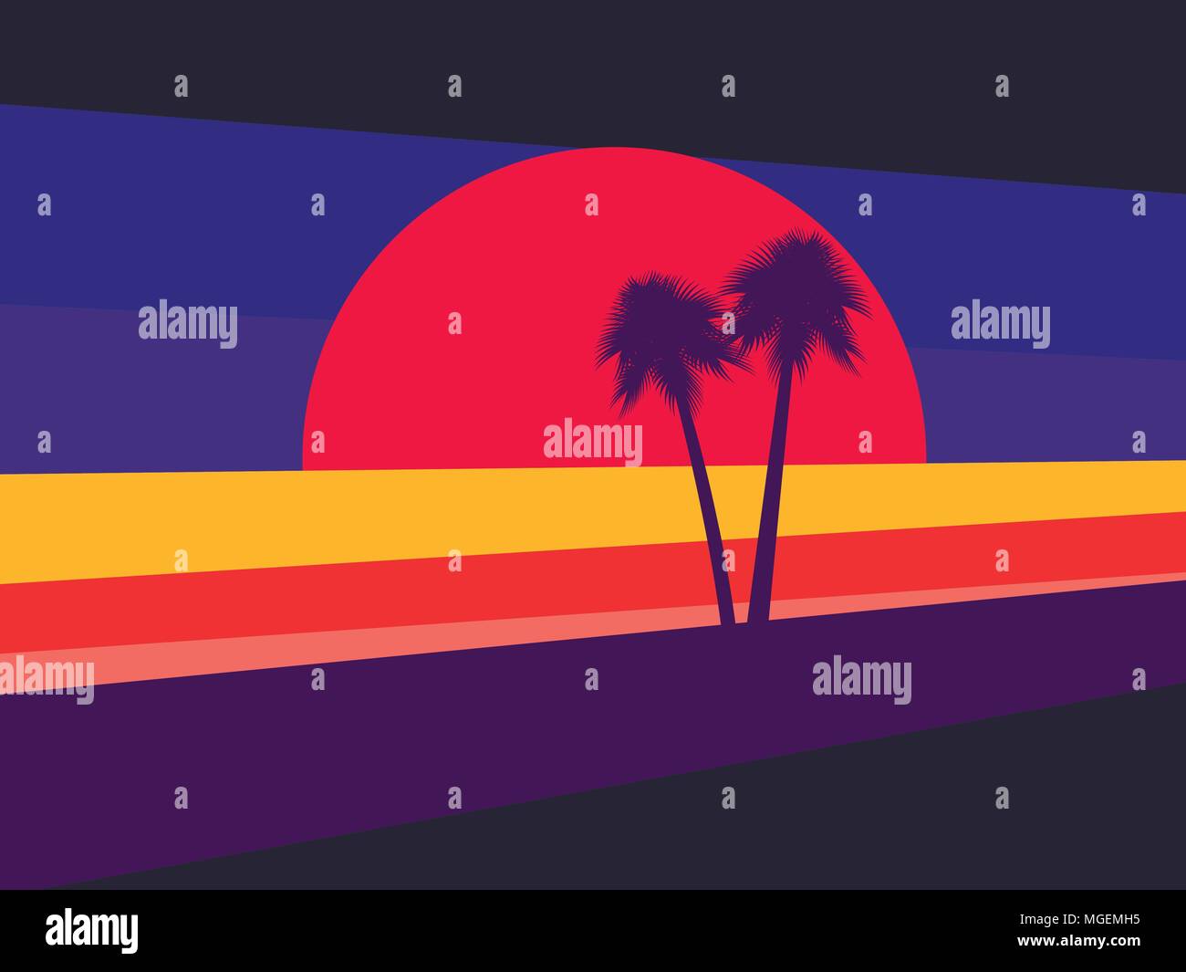 Sunset with palm trees on the background, style 80s. Stripes as a ...