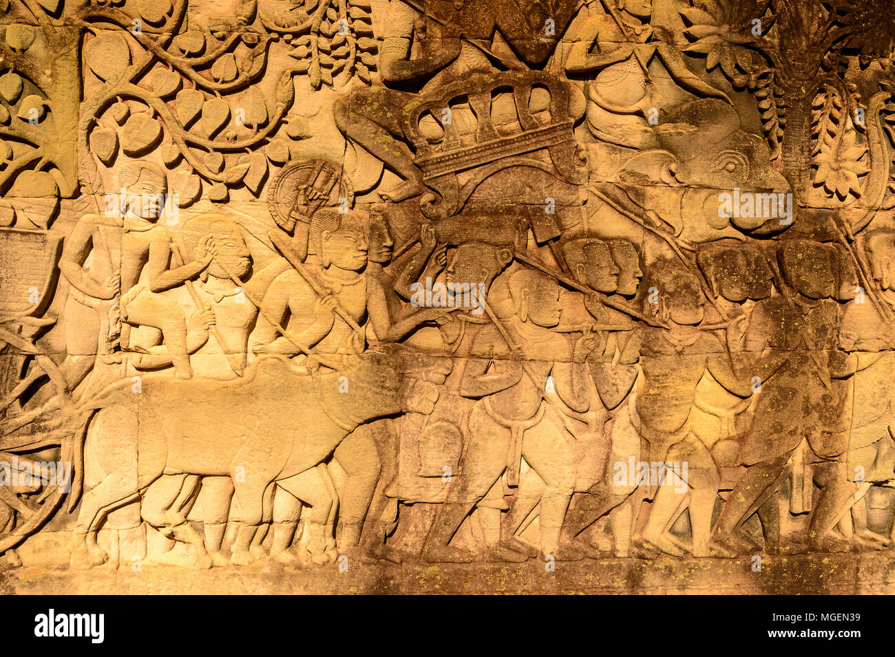 Drawing of the part of the army on the Bayon, Khmer temple at Angkor in ...