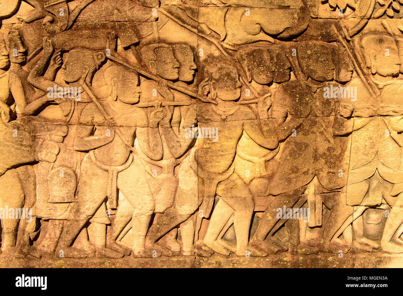 Drawing of the part of the army on the Bayon, Khmer temple at Angkor in ...