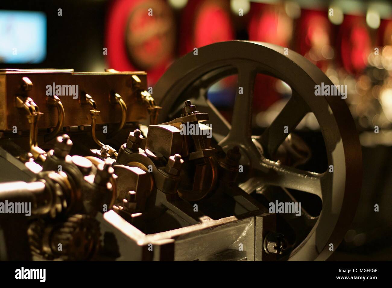 Old engine of a well-preserved vintage car with focused cylinders and ...